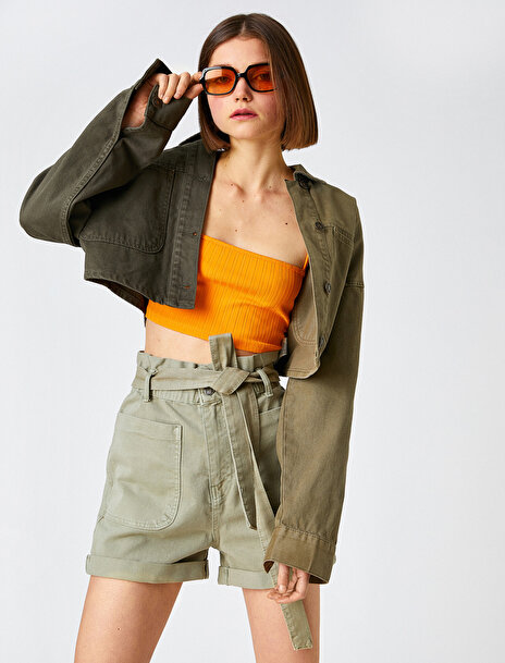 Koton Kadın Yüksek Bel Şort Kemerli Cepli Pamuklu