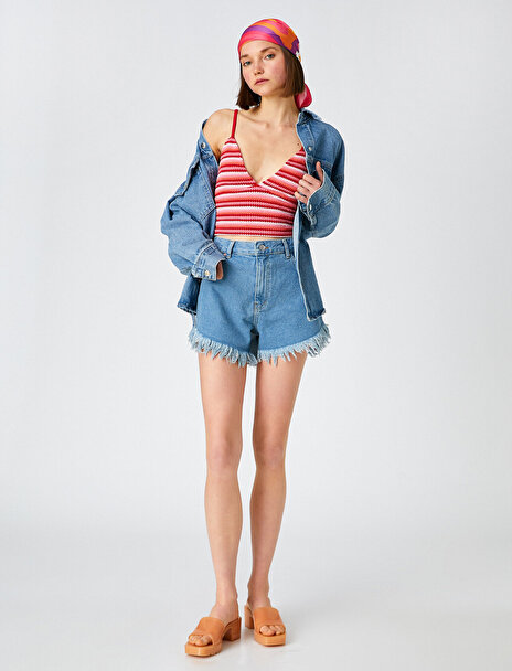 Koton Kadın Kot Şort Yüksek Bel Püsküllü Cepli Pamuklu