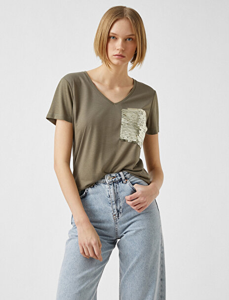 Koton Kadın V Yaka Payet Kısa Kollu Tişört