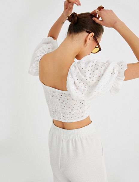 Koton Kadın Desenli U Yaka Balon Kollu Bluz