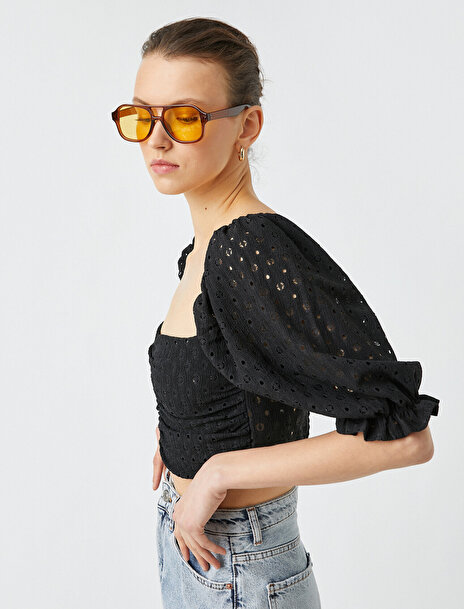 Koton Kadın Desenli U Yaka Balon Kollu Bluz