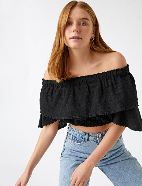 Koton Kadın Omuzları Fırfırlı Dantel Detaylı Tişört Koton Kadın Omuzları Fırfırlı Dantel Detaylı Tişört