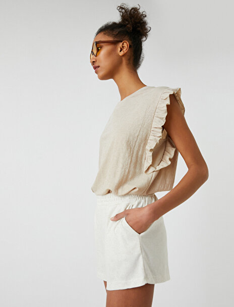 Koton Kadın Bisiklet Yaka Kısa Kollu Fırfırlı Tişört