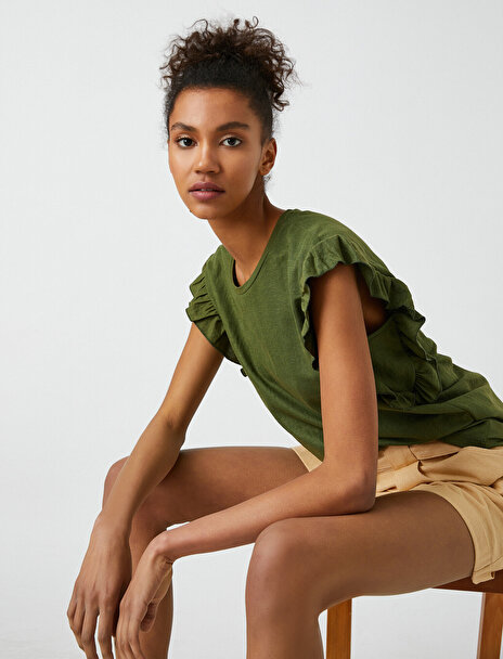 Koton Kadın Bisiklet Yaka Kısa Kollu Fırfırlı Tişört