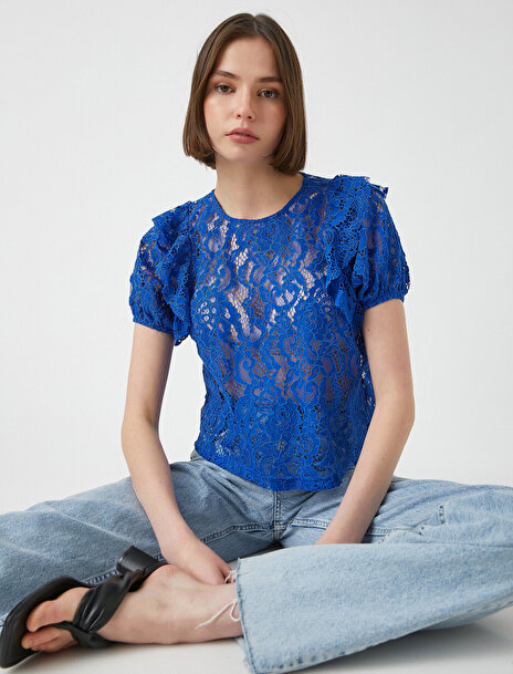 Koton Kadın Bisiklet Yaka Kısa Kollu Dantel Tişört