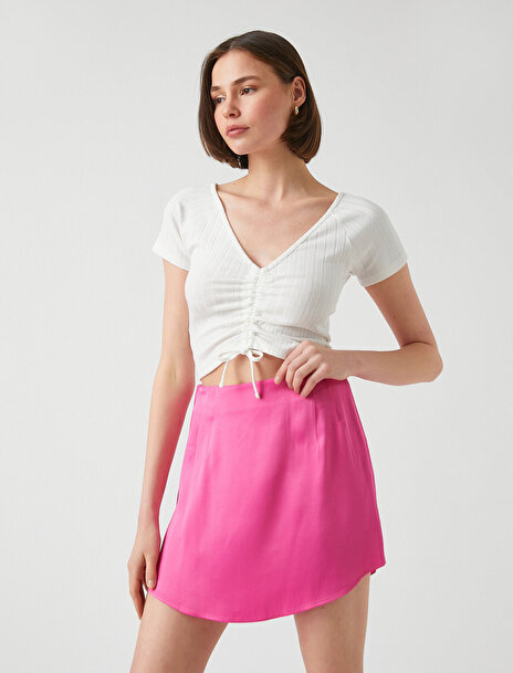 Koton Kadın Crop V Yaka Büzgülü Kısa Kollu Tişört