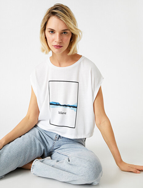 Koton Kadın Baskılı Bisiklet Yaka Kolsuz Tişört