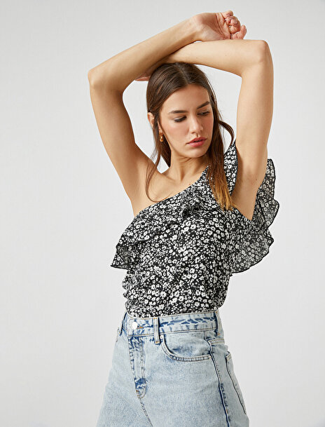 Koton Kadın Tek Omuz Çiçekli Fırfırlı Bluz