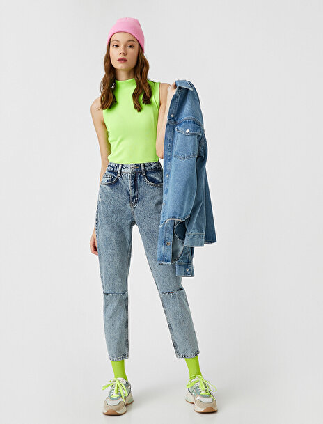 Koton Ole Genç Kız Yüksek Bel Dizi Yırtık Kot Pantolon