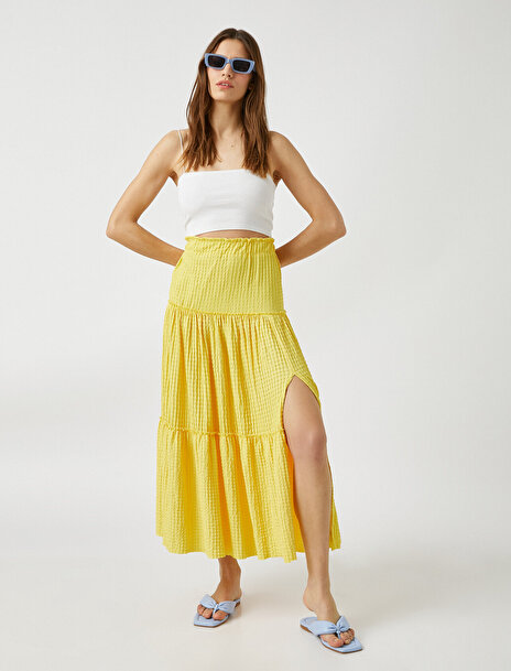 Koton Kadın Beli Lastikli Yırtmaçlı Fırfırlı Etek