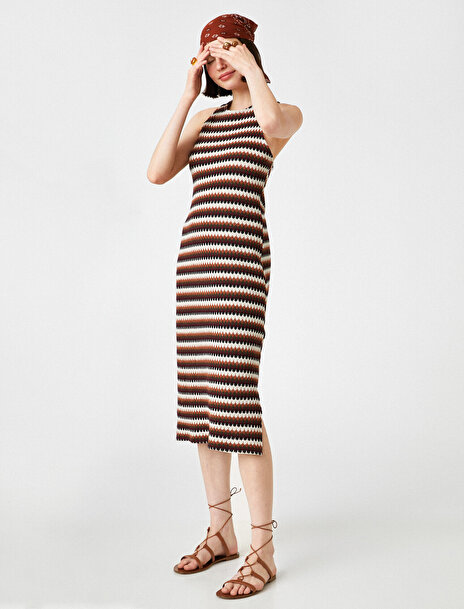 Koton Kadın Örgü Detaylı Çizgili Midi Elbise