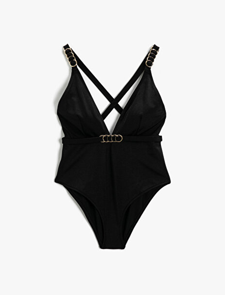 Koton Kadın V Yaka Metal Tokalı Mayo