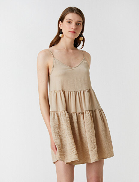 Koton Kadın Katlı Mini Elbise Askılı V Yaka