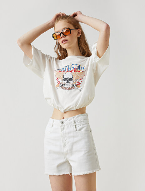 Koton Kadın Kuru Kafa Baskılı Crop Kısa Kollu Belden Büzgülü Tişört