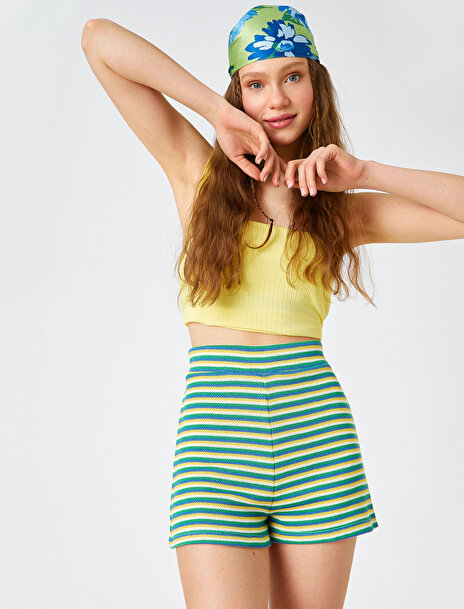 Koton Kadın Çizgili Şort Mini Yüksek Bel