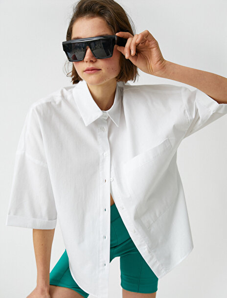 Koton Kadın Oversize Gömlek Cepli Kısa Kollu