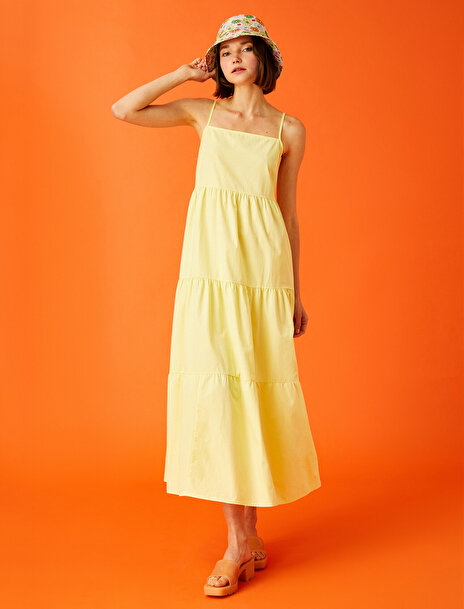 Koton Kadın Katlı Uzun Elbise İnce Askılı Kare Yaka