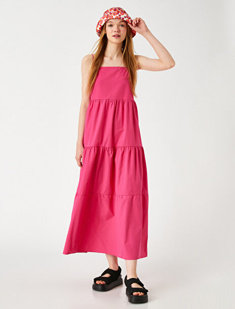 Koton Kadın Katlı Uzun Elbise İnce Askılı Kare Yaka