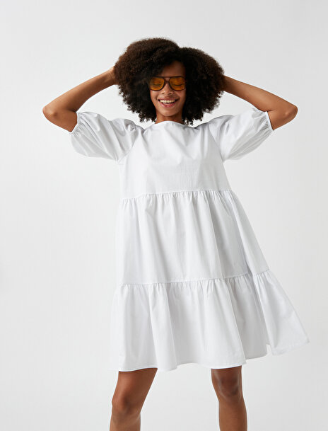 Koton Kadın Midi Boy Elbise Katlı Balon Kollu Koton Kadın Midi Boy Elbise Katlı Balon Kollu