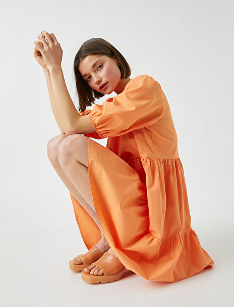 Koton Kadın Midi Boy Elbise Katlı Balon Kollu