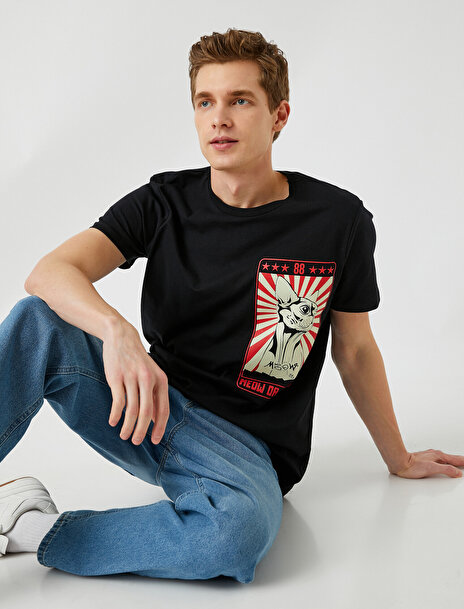 Koton Erkek Slim Fit Kedi Baskılı Tişört Koton Erkek Slim Fit Kedi Baskılı Tişört
