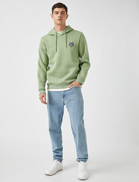 Koton Erkek Kurt İşlemeli Kapşonlu Sweatshirt