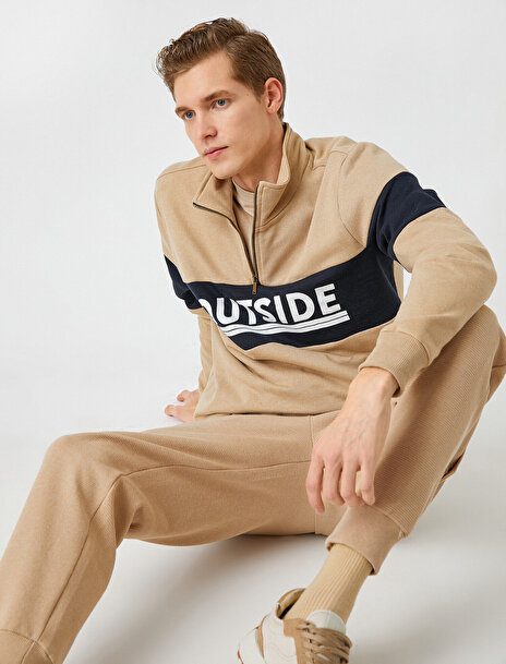 Koton Erkek Baskılı Dik Yaka Yarım Fermuarlı Sweatshirt