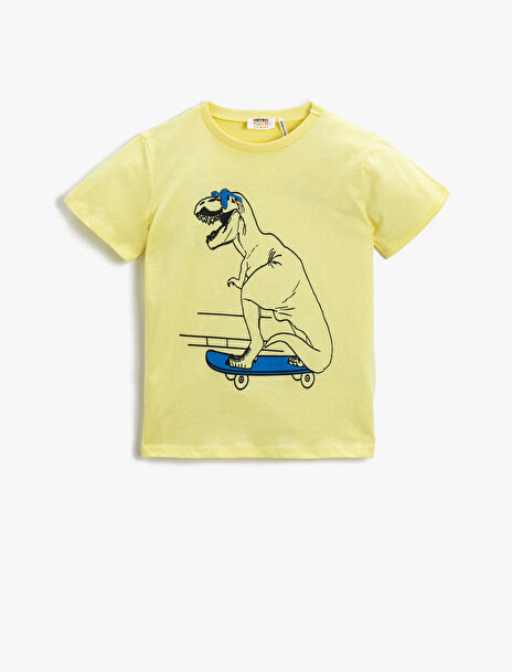 Koton Erkek Çocuk Dinozor Baskılı Kısa Kollu Tişört Pamuklu Bisiklet Yaka