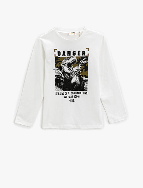 Koton Erkek Çocuk Dinozor Baskılı Uzun Kollu Tişört Bisiklet Yaka Pamuklu