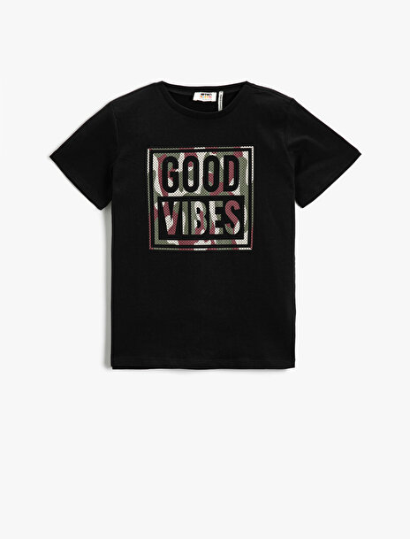 Koton Erkek Çocuk Slogan Baskılı Kamuflaj Kısa Kollu Tişört Pamuklu