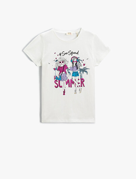 Koton Kız Çocuk Kız Figürü Baskılı Kısa Kollu Tişört Pamuklu Bisiklet Yaka