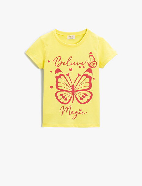 Koton Kız Çocuk Kelebek Baskılı Kısa Kollu Tişört Pamuklu Bisiklet Yaka