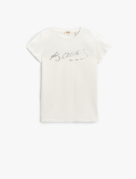 Koton Kız Çocuk Atatürk İmza Baskılı Kısa Kollu Tişört Pamuklu