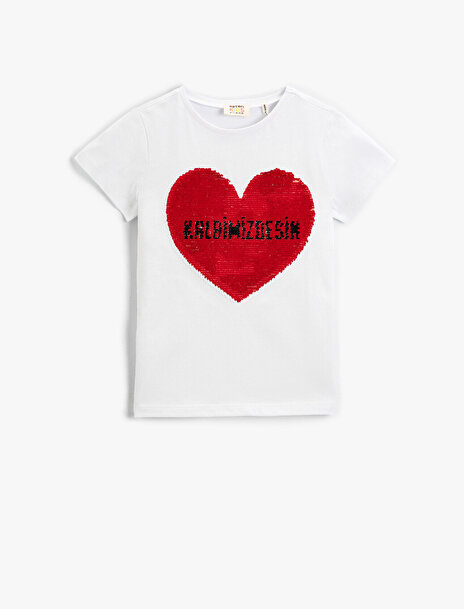 Koton Kız Çocuk Çift Taraflı Payetli Atatürk Portreli Kısa Kollu Tişört Pamuklu