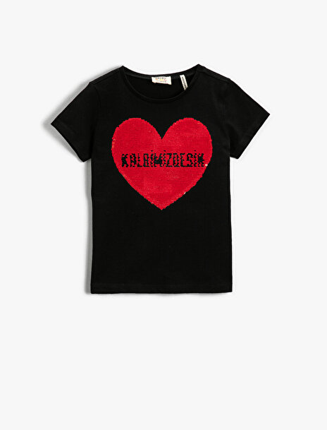 Koton Kız Çocuk Çift Taraflı Payetli Atatürk Portreli Kısa Kollu Tişört Pamuklu