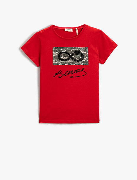 Koton Kız Çocuk Çift Taraflı Payetli Atatürk Baskılı Tişört Pamuklu