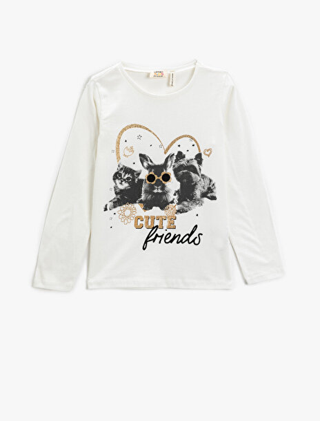 Koton Kız Çocuk Hayvan Baskılı Tişört Uzun Kollu Bisiklet Yaka Pamuklu
