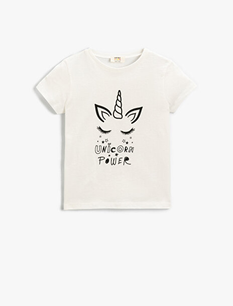 Koton Kız Çocuk Unicorn Baskılı Kısa Kollu Tişört Pamuklu Bisiklet Yaka
