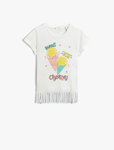 Koton Kız Çocuk Dondurma Baskılı Simli Tişört Kısa Kollu Pamuklu