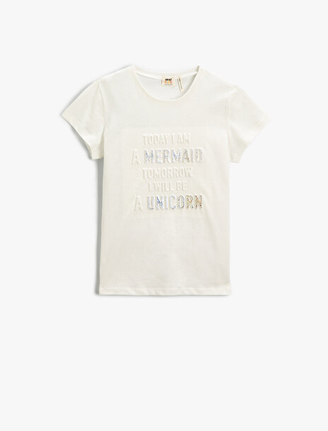 Koton Kız Çocuk Slogan Baskılı Kabartma Simli Kısa Kollu Tişört Pamuklu