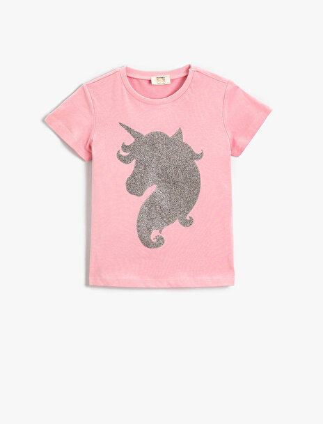 Koton Kız Çocuk Unicorn Baskılı Tişört Kısa Kollu Bisiklet Yaka Pamuklu