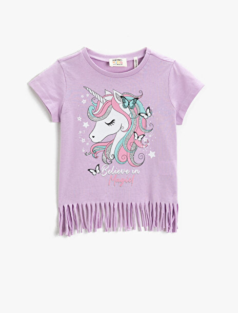 Koton Kız Çocuk Unicorn Baskılı Püsküllü Tişört Kısa Kollu Pamuklu