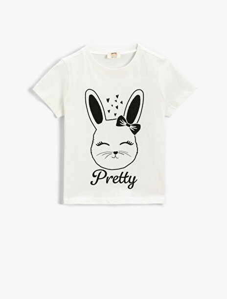 Koton Kız Çocuk Kedi Baskılı Kısa Kollu Tişört Pamuklu Bisiklet Yaka