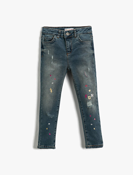 Koton Kız Çocuk Baskılı Destroylu Kot Pantolon Pamuklu