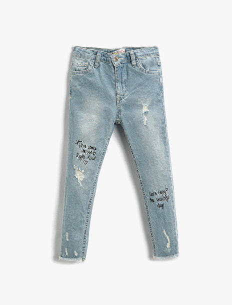 Koton Kız Çocuk Slogan Baskılı Dar Paça Yüksek Bel Pamuklu Jean Pantolon