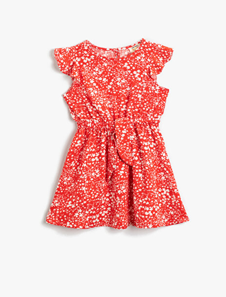 Koton Kız Çocuk Kelebek Kol Beli Lastikli Kemer Detaylı Bisiklet Yaka Çiçek Desenli Elbise