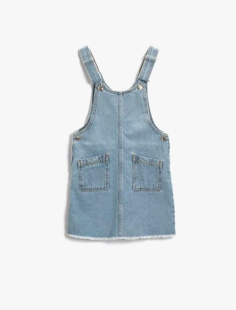 Koton Kız Çocuk Askılı Kot Salopet Elbise Pamuklu Cepli Düğmeli