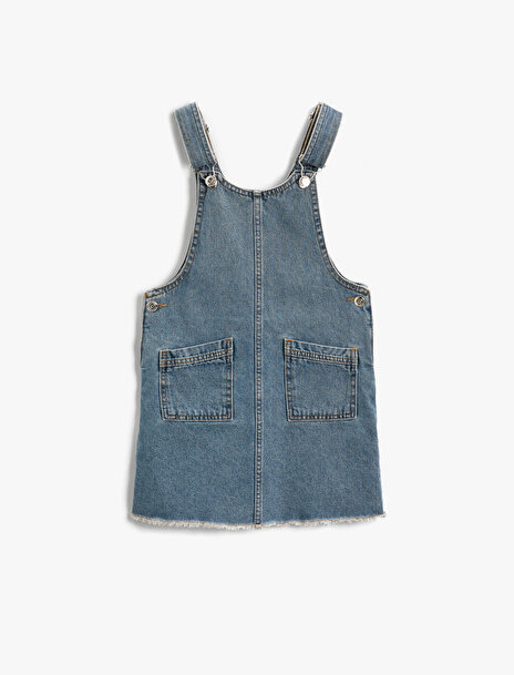 Koton Kız Çocuk Askılı Kot Salopet Elbise Pamuklu Cepli Düğmeli