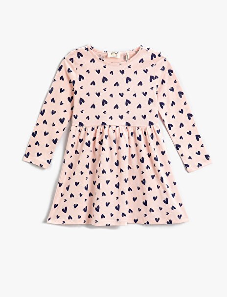 Koton Kız Çocuk Kalp Baskılı Uzun Kollu Elbise Pamuklu
