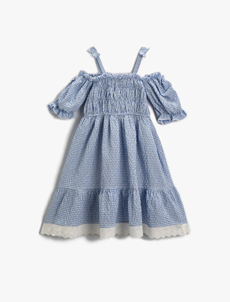 Koton Kız Çocuk Düşük Omuz Elbise Kareli Balon Kollu